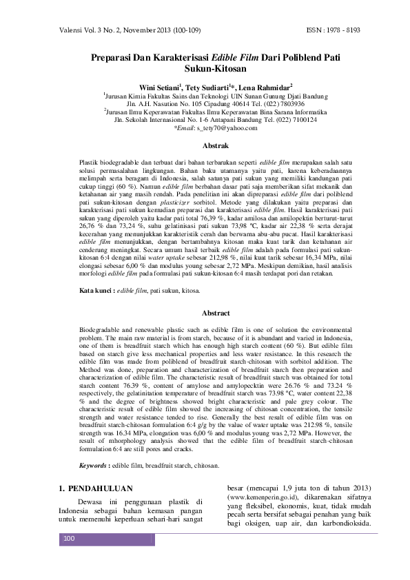 (PDF) Preparasi Dan Karakterisasi Edible Film Dari Poliblend Pati Sukun-Kitosan | mia lektriani ...