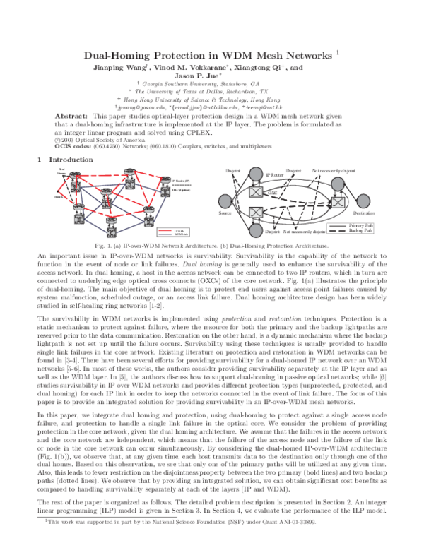 (PDF) Dual-homing protection in WDM mesh networks