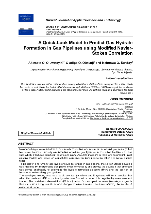 (PDF) A Quick-Look Model to Predict Gas Hydrate Formation in Gas Pipelines using Modified Navier ...