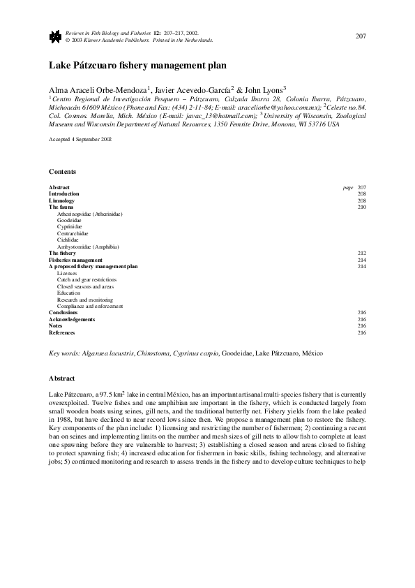 (PDF) Lake Pátzcuaro fishery management plan