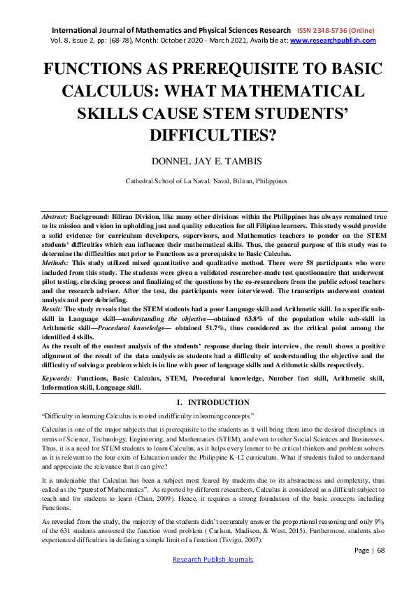 (PDF) FUNCTIONS AS PREREQUISITE TO BASIC CALCULUS: WHAT MATHEMATICAL SKILLS CAUSE STEM STUDENTS ...