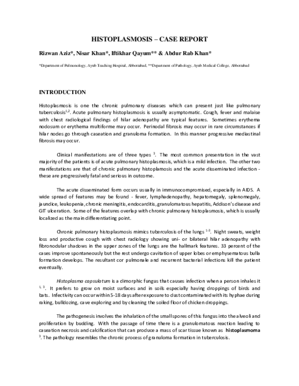 Pdf Histoplasmosis Case Report