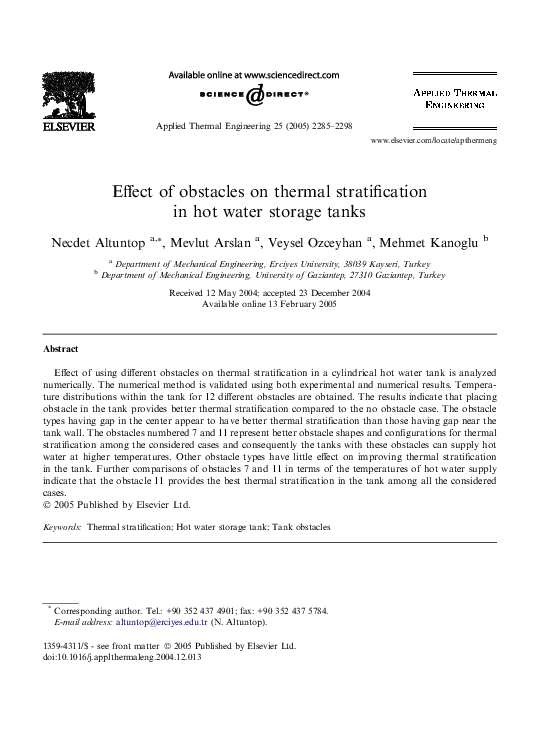 Pdf Effect Of Obstacles On Thermal Stratification In Hot Water