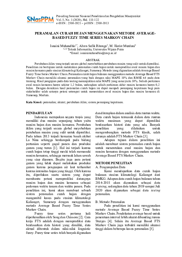 (PDF) Peramalan Curah Hujan Menggunakan Metode Average-Based Fuzzy Time Series Markov Chain