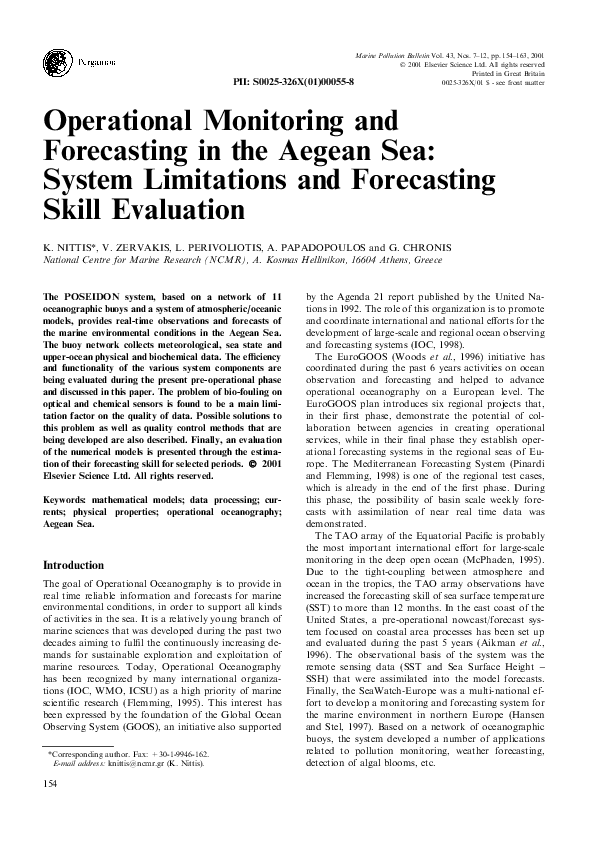 Pdf Operational Monitoring And Forecasting In The Aegean Sea System Limitations And