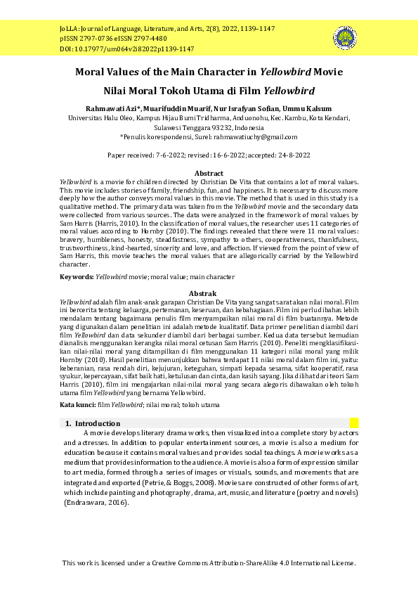 (PDF) Moral Values of the Main Character in Yellowbird Movie