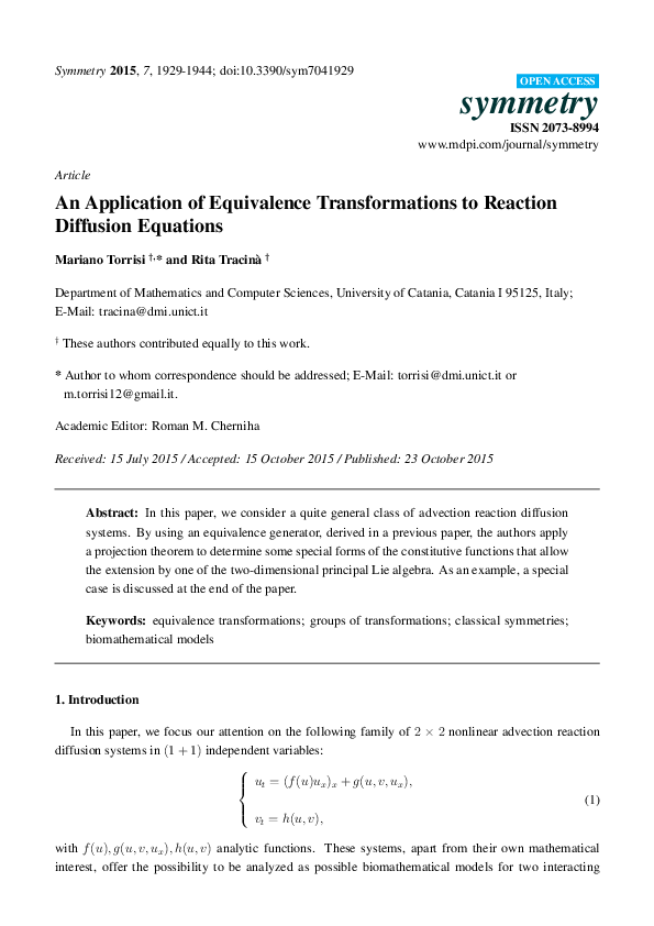 (PDF) An Application of Equivalence Transformations to Reaction Diffusion Equations