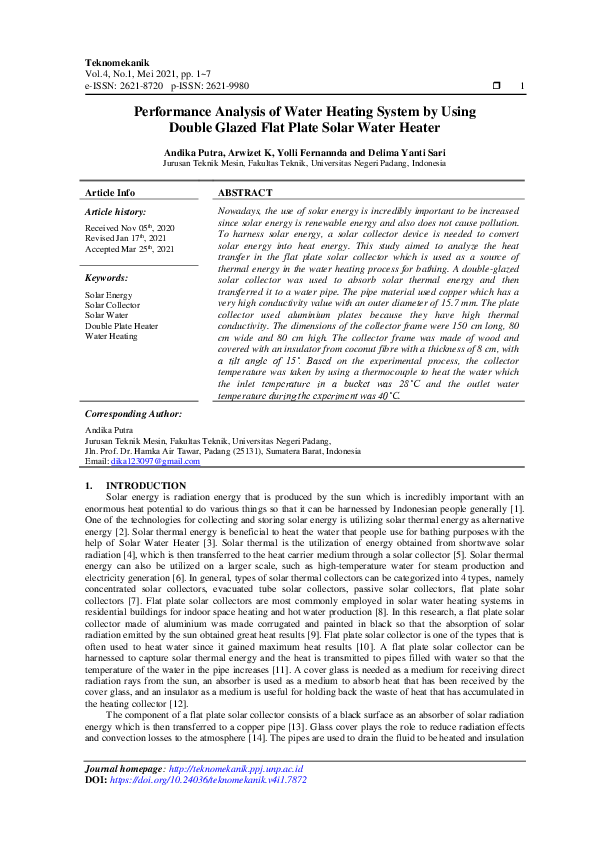 (PDF) Performance Analysis of Water Heating System by Using Double Glazed Flat Plate Solar Water ...