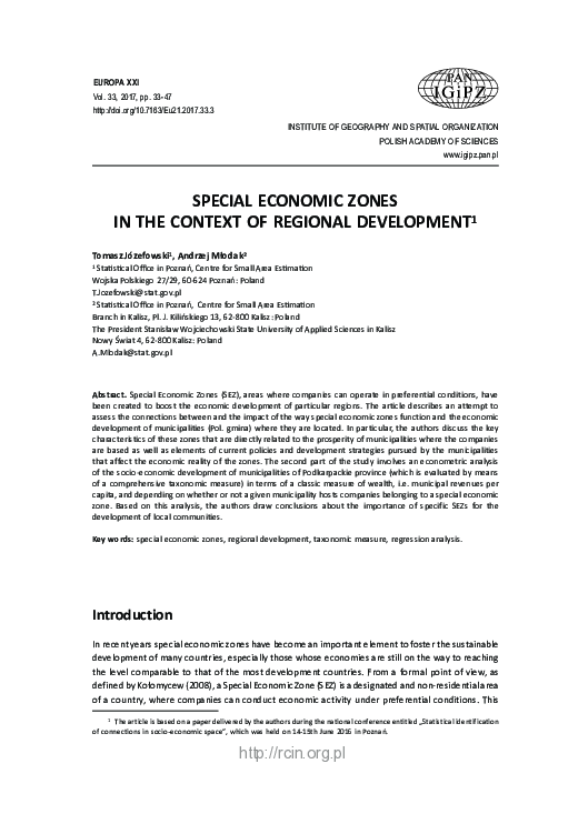 (PDF) Special economic zones in the context of regional development