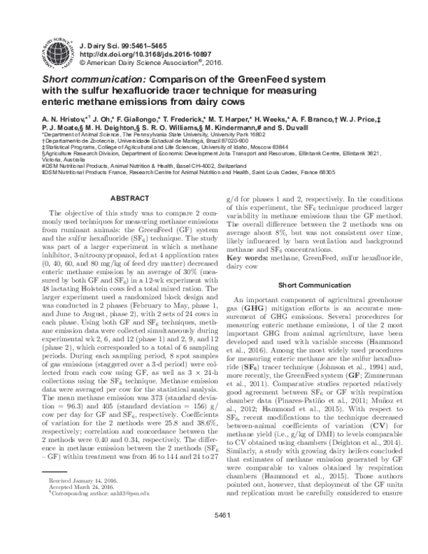 (PDF) Short communication: Comparison of the GreenFeed system with the sulfur hexafluoride ...