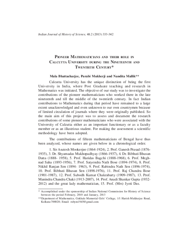 (PDF) Pioneer Mathematicians and Their Role in Calcutta University ...