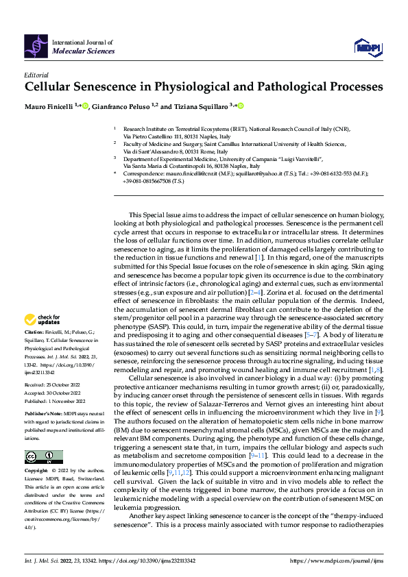 (PDF) Cellular Senescence in Physiological and Pathological Processes