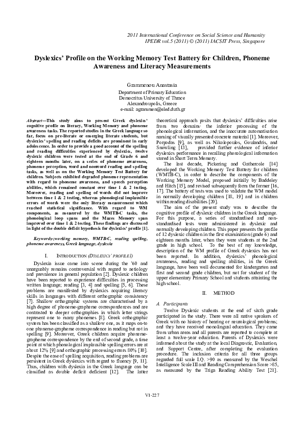 (PDF) Dyslexics’ profile on the Working Memory Test Battery for ...