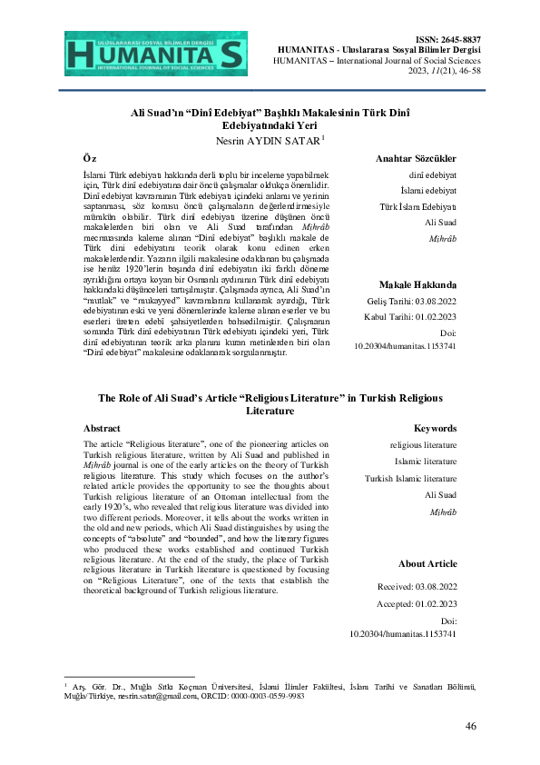 (PDF) Ali Suad’ın “Dinî Edebiyat” Başlıklı Makalesinin Türk Dinî ...