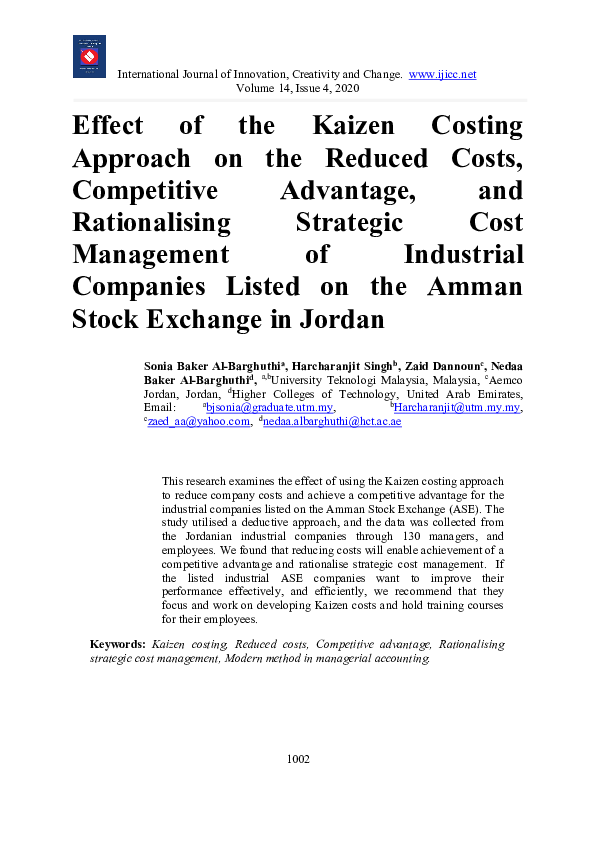 (PDF) Effect of the Kaizen Costing Approach on the Reduced Costs ...