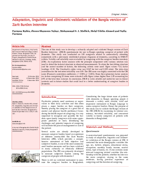 (PDF) Adaptation, linguistic and clinimetric validation of the Bangla ...