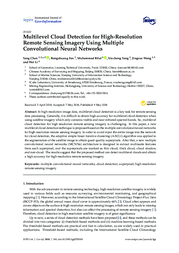 Pdf Multilevel Cloud Detection For High Resolution Remote Sensing Imagery Using Multiple