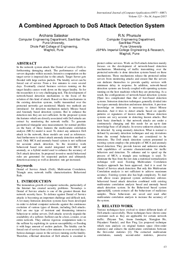 (PDF) A Combined Approach to DoS Attack Detection System