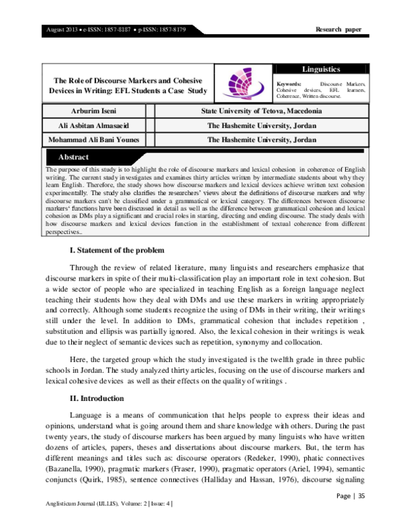 (PDF) The Role of Discourse Markers and Cohesive Devices in Writing ...