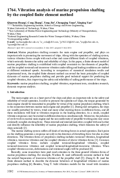 Pdf Vibration Analysis Of Marine Propulsion Shafting By The Coupled Finite Element Method