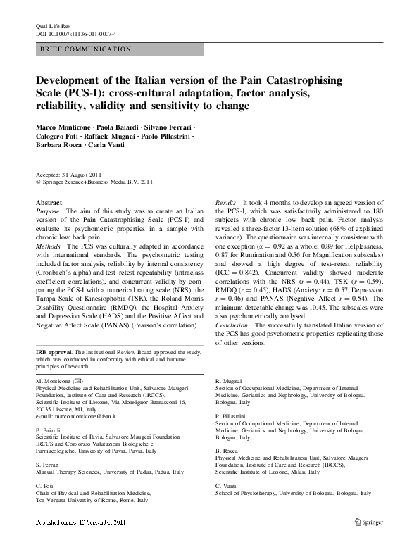 (PDF) Development of the Italian version of the Pain Catastrophising Scale (PCS-I): cross ...