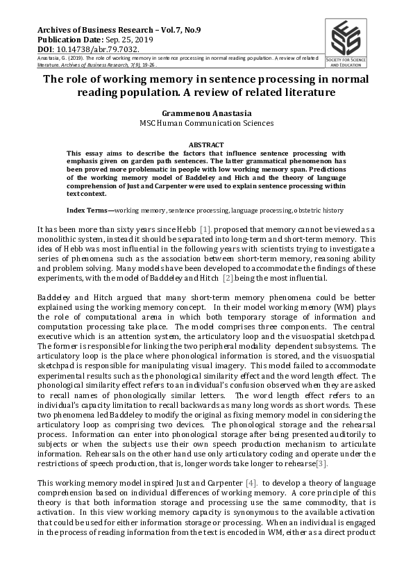 (PDF) The role of working memory in sentence processing in normal reading population. A review ...