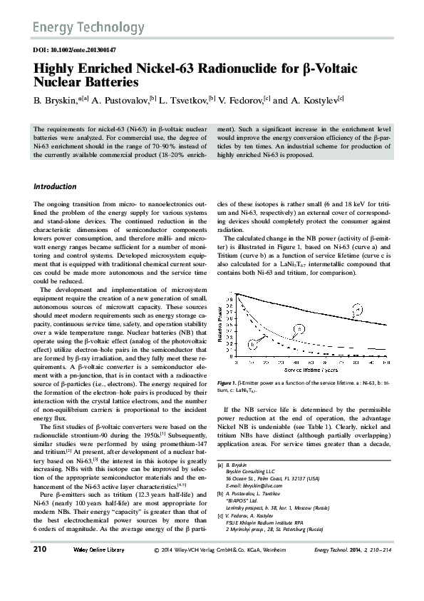 (PDF) Highly Enriched Nickel-63 Radionuclide for β-Voltaic Nuclear ...
