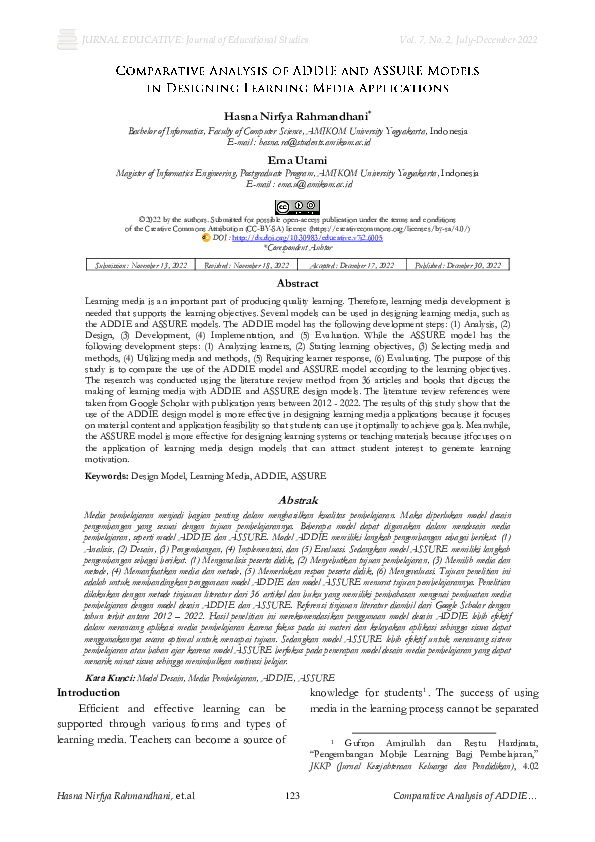 (PDF) Comparative Analysis of ADDIE and ASSURE Models in Designing Learning Media Applications