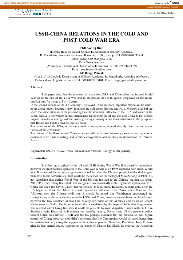 (PDF) Ussr-China Relations in the Cold and Post Cold War Era