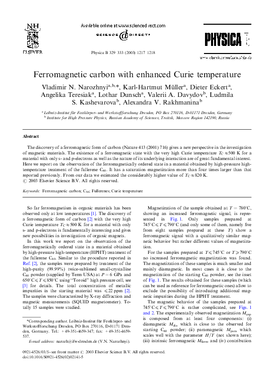 (PDF) Ferromagnetic carbon with enhanced Curie temperature