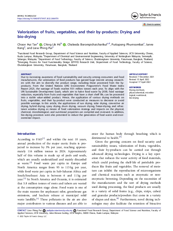 (PDF) Valorization of fruits, vegetables, and their by-products: Drying and bio-drying