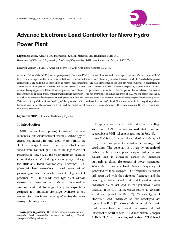 Pdf Advance Electronic Load Controller For Micro Hydro Power Plant