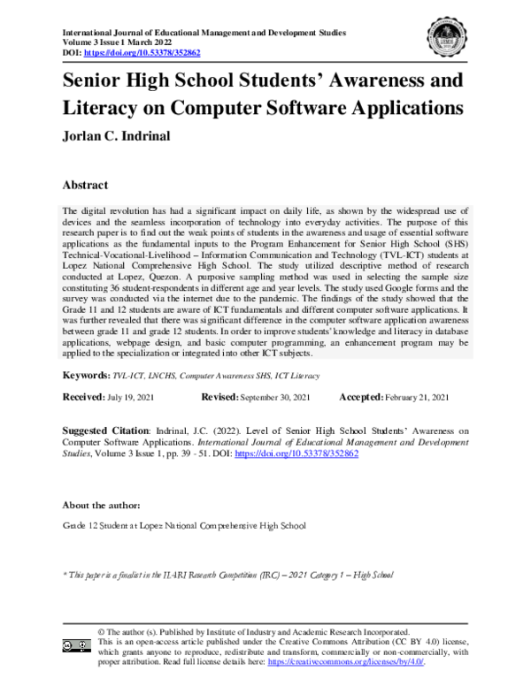 (PDF) Senior High School Students’ Awareness and Literacy on Computer ...