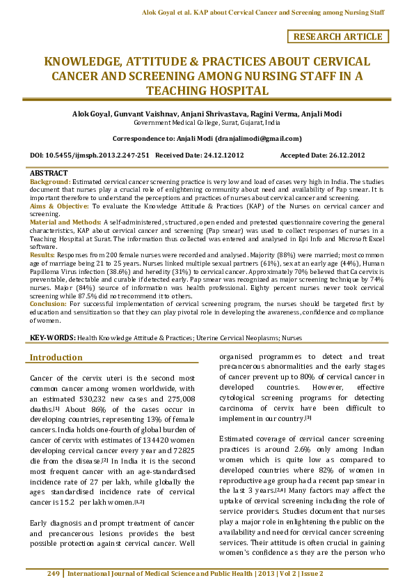 (PDF) Knowledge, attitude & practices about cervical cancer and screening among nursing staff in ...