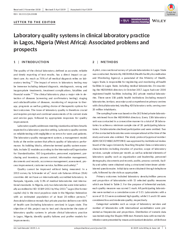 (PDF) Laboratory quality systems in clinical laboratory practice in ...