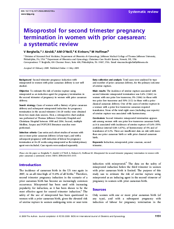 (PDF) Misoprostol for second trimester pregnancy termination in women with prior caesarean: a ...