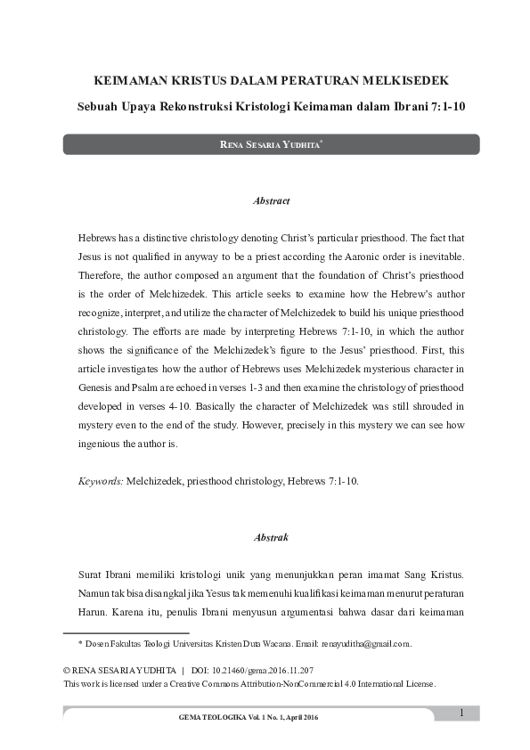 (PDF) Keimanan Kristus dalam Peraturan Melkisedek: Sebuah Upaya Rekontruksi Kristologi Keimanan ...