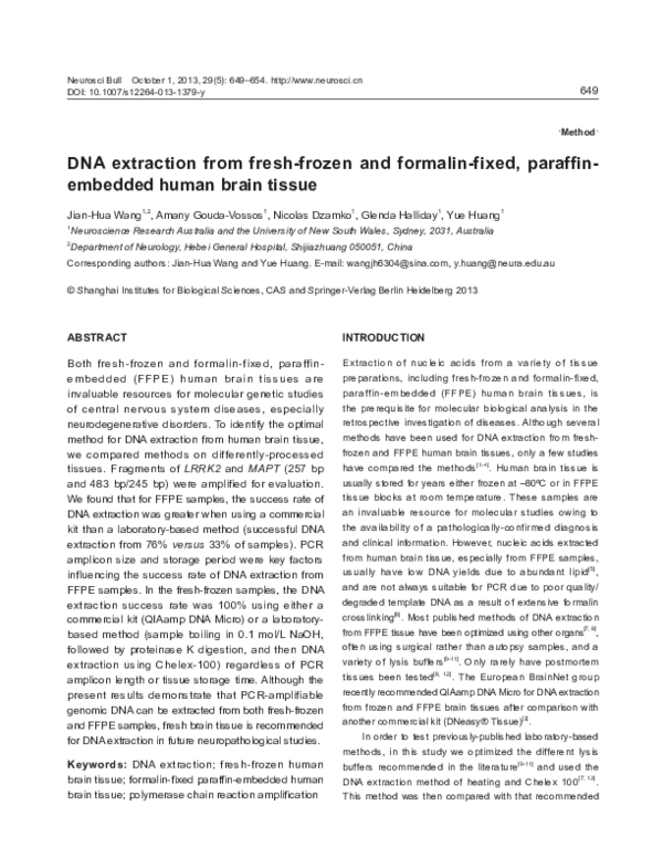Pdf Dna Extraction From Fresh Frozen And Formalin Fixed Paraffinembedded Human Brain Tissue