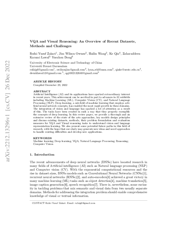 Pdf Vqa And Visual Reasoning An Overview Of Recent Datasets Methods