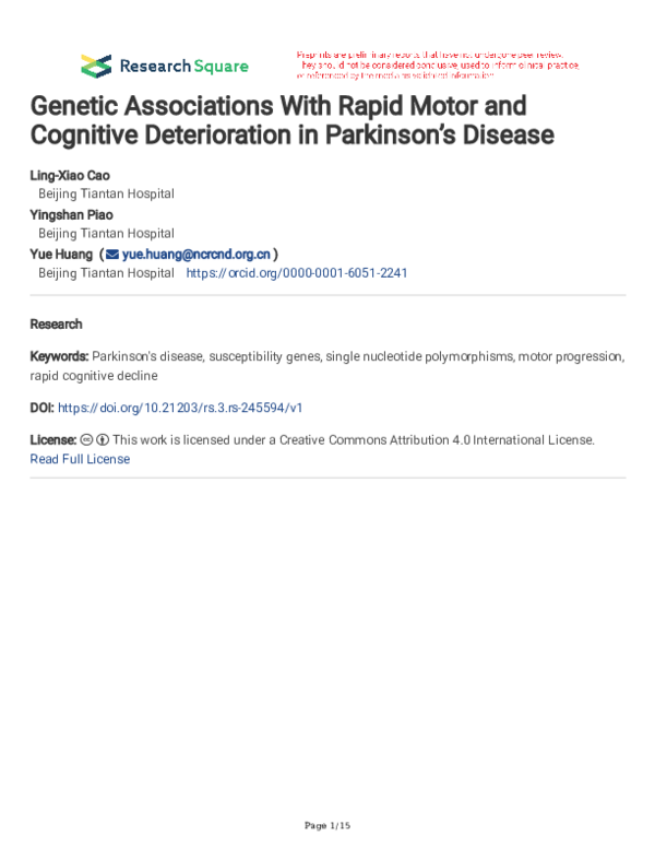 (PDF) Genetic Associations With Rapid Motor and Cognitive Deterioration ...