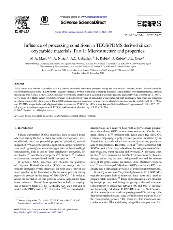 (PDF) Influence of processing conditions in TEOS/PDMS derived silicon oxycarbide materials. Part ...