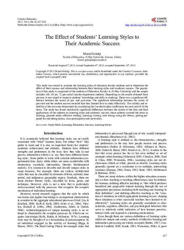 (PDF) The Effect of Students' Learning Styles to Their Academic Success