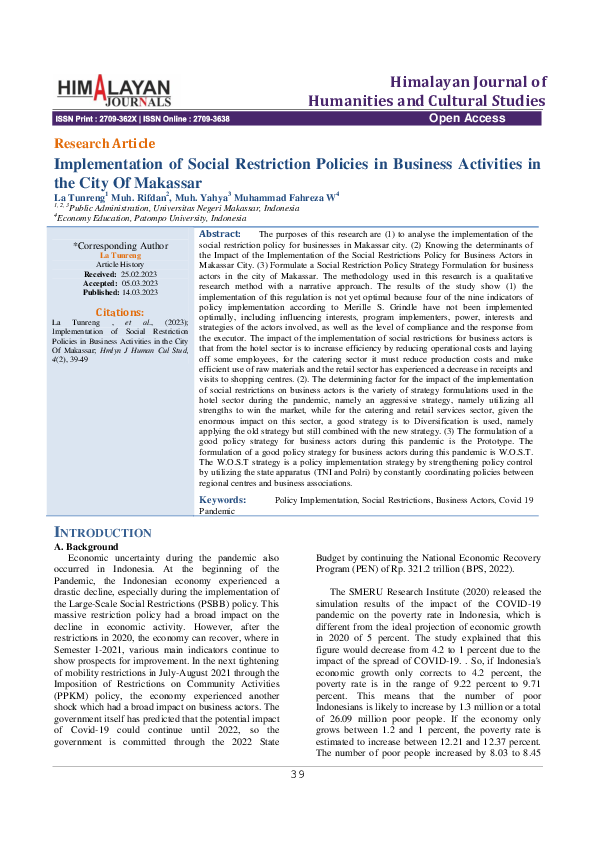 (PDF) Implementation of Social Restriction Policies in Business ...