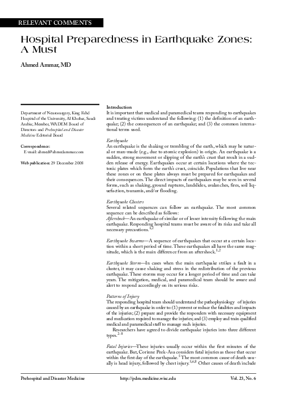 (PDF) Hospital Preparedness in Earthquake Zones: A Must