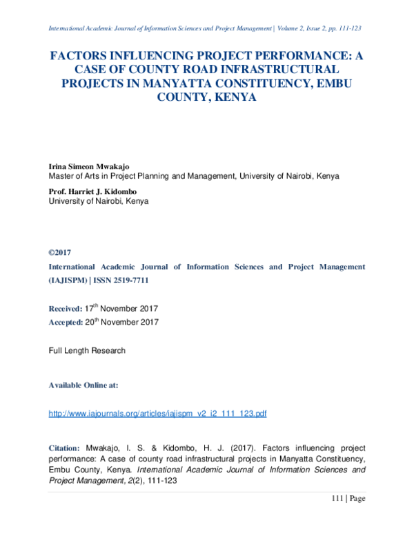 Pdf Factors Influencing Project Performance A Case Of County Road Infrastructural Projects In