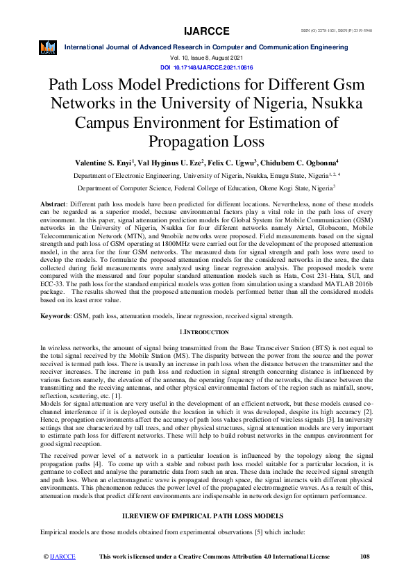 (PDF) Path Loss Model Predictions for Different Gsm Networks in the ...