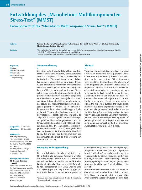 (PDF) Entwicklung des „Mannheimer Multikomponenten-Stress-Test” (MMST)