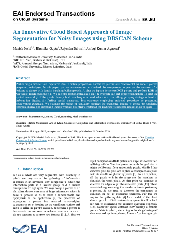 Pdf An Innovative Cloud Based Approach Of Image Segmentation For Noisy Images Using Dbscan Scheme