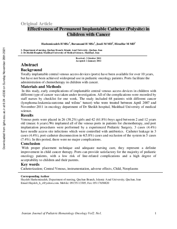 (PDF) Effectiveness of Permanent Implantable Catheter (Polysite) in ...