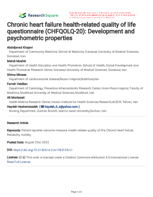 (PDF) Chronic heart failure health-related quality of life questionnaire (CHFQOLQ-20 ...